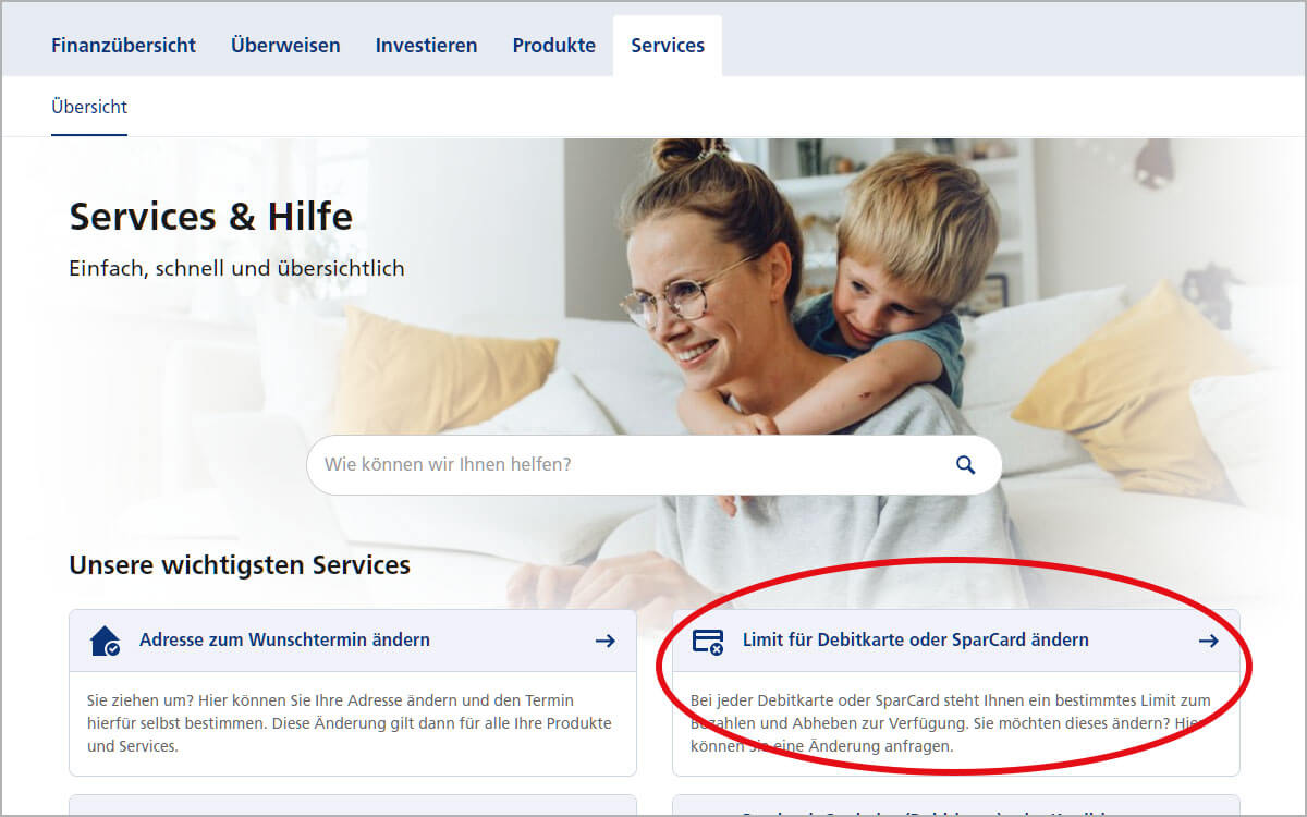 Debitkarte / SparCard Verfügungsrahmen ändern | Postbank