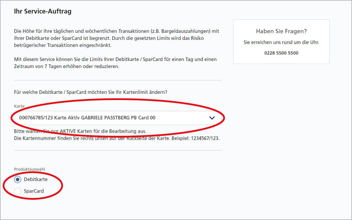 Debitkarte / SparCard Verfügungsrahmen ändern | Postbank