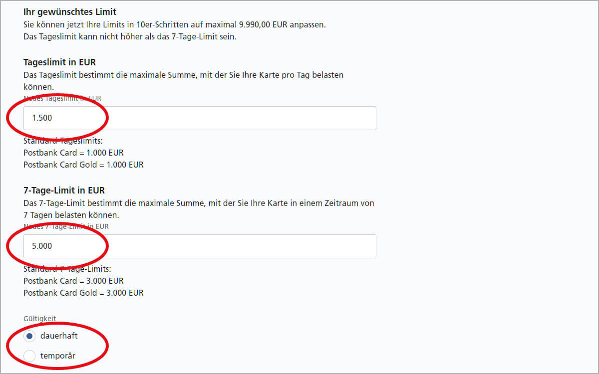 Debitkarte / SparCard Verfügungsrahmen ändern | Postbank